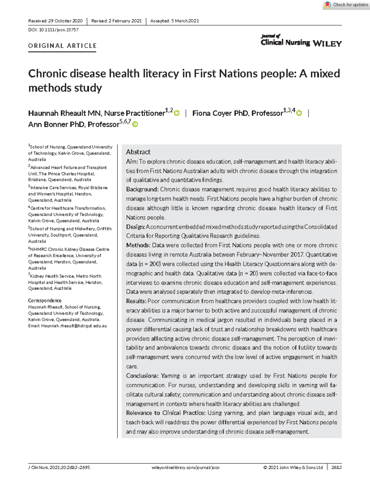 Journal of Clinical Nursing - 2021 - Rheault - Chronic disease health ...