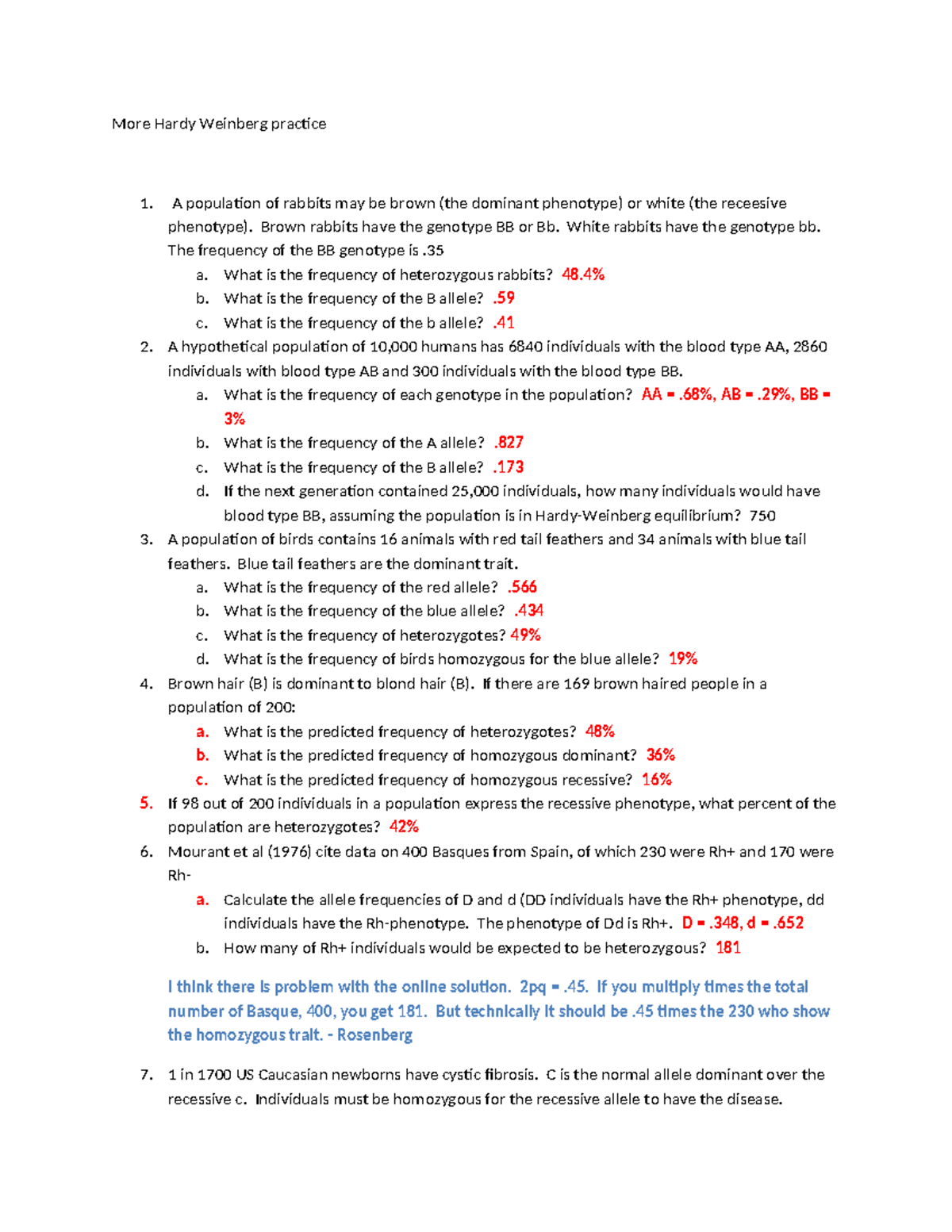 Hardy-weinberg practice key - More Hardy Weinberg practice 1. A ...