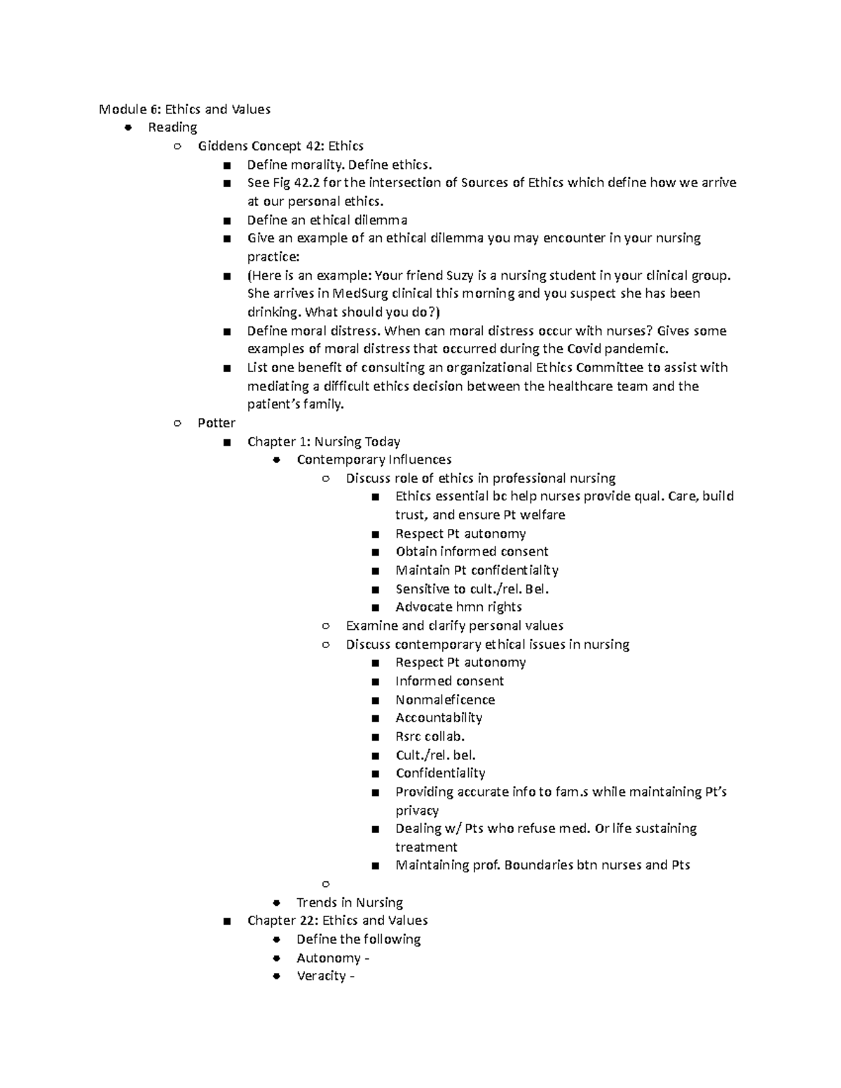 Exam 4 Study Guide Module 6+7 - Module 6: Ethics and Values Reading ...