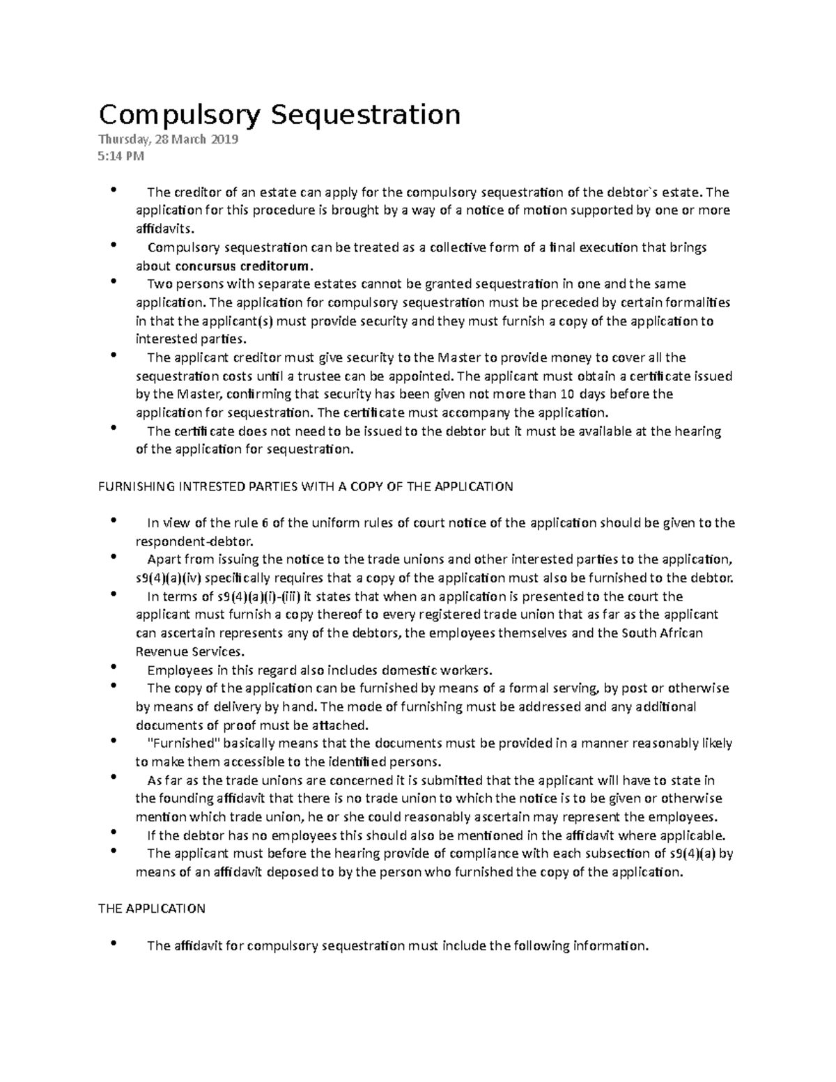 Compulsory Sequestration - The application for this procedure is ...