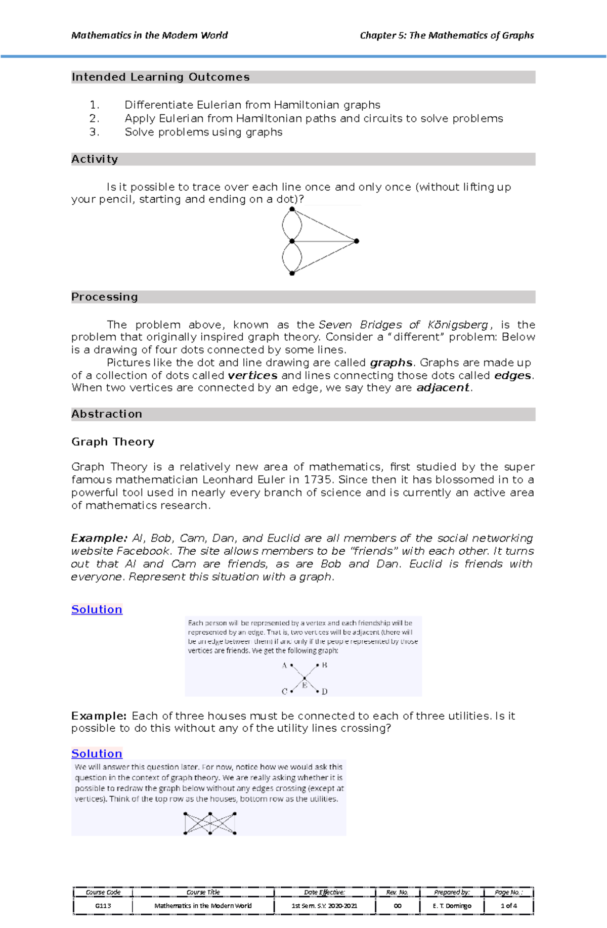 Module 5 Mathematics of Graphs - Intended Learning Outcomes 1 ...