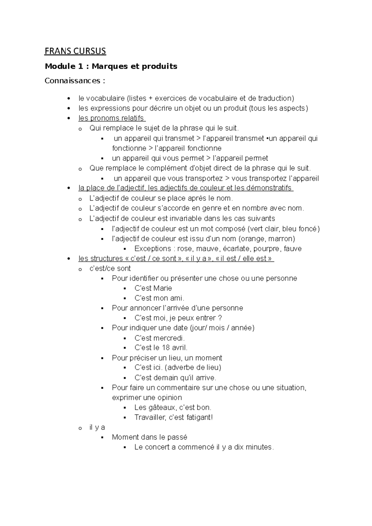 Frans module 1 en 2, Cursus semester 2 - FRANS CURSUS Module 1 ...