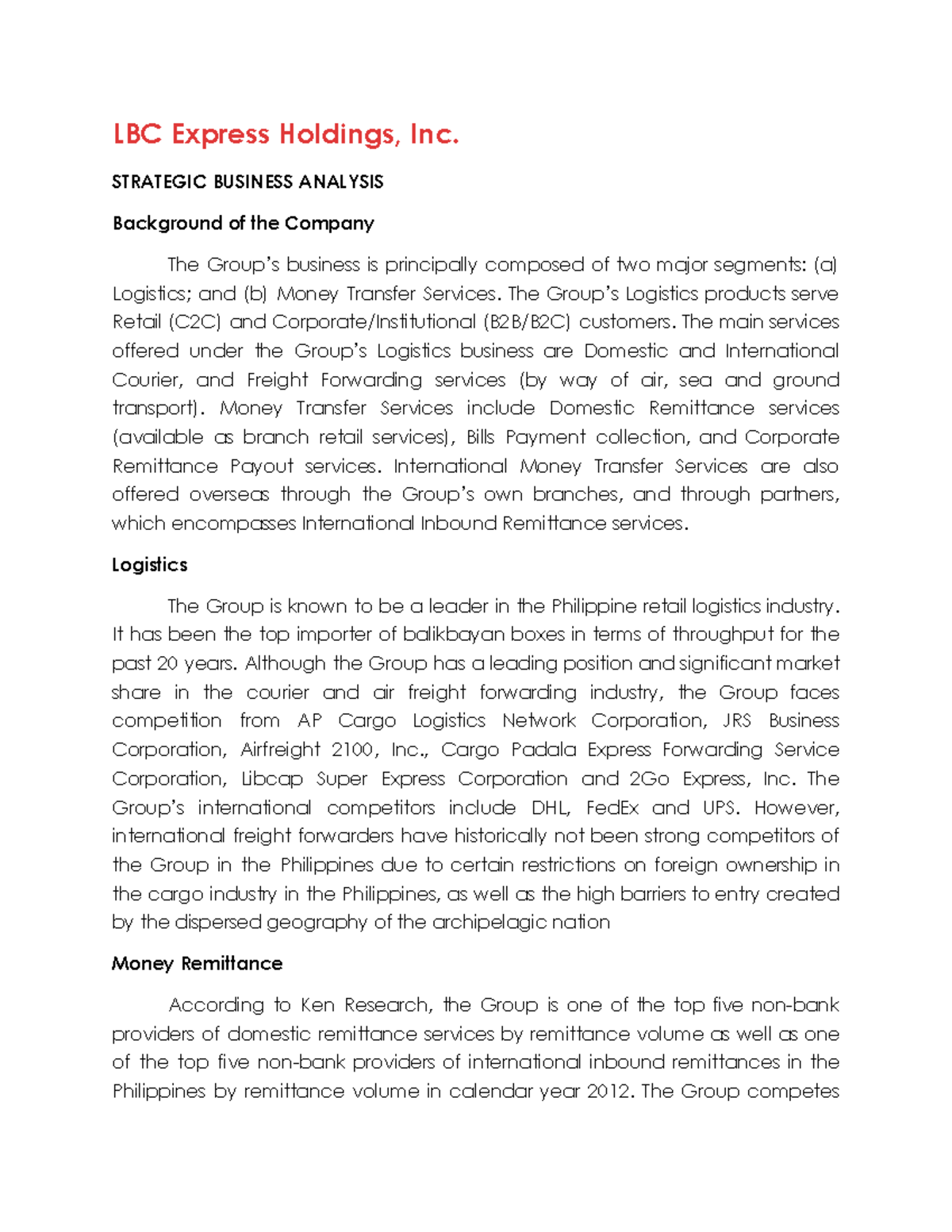 LBC Express - Business Analysis - LBC Express Holdings, Inc. STRATEGIC ...