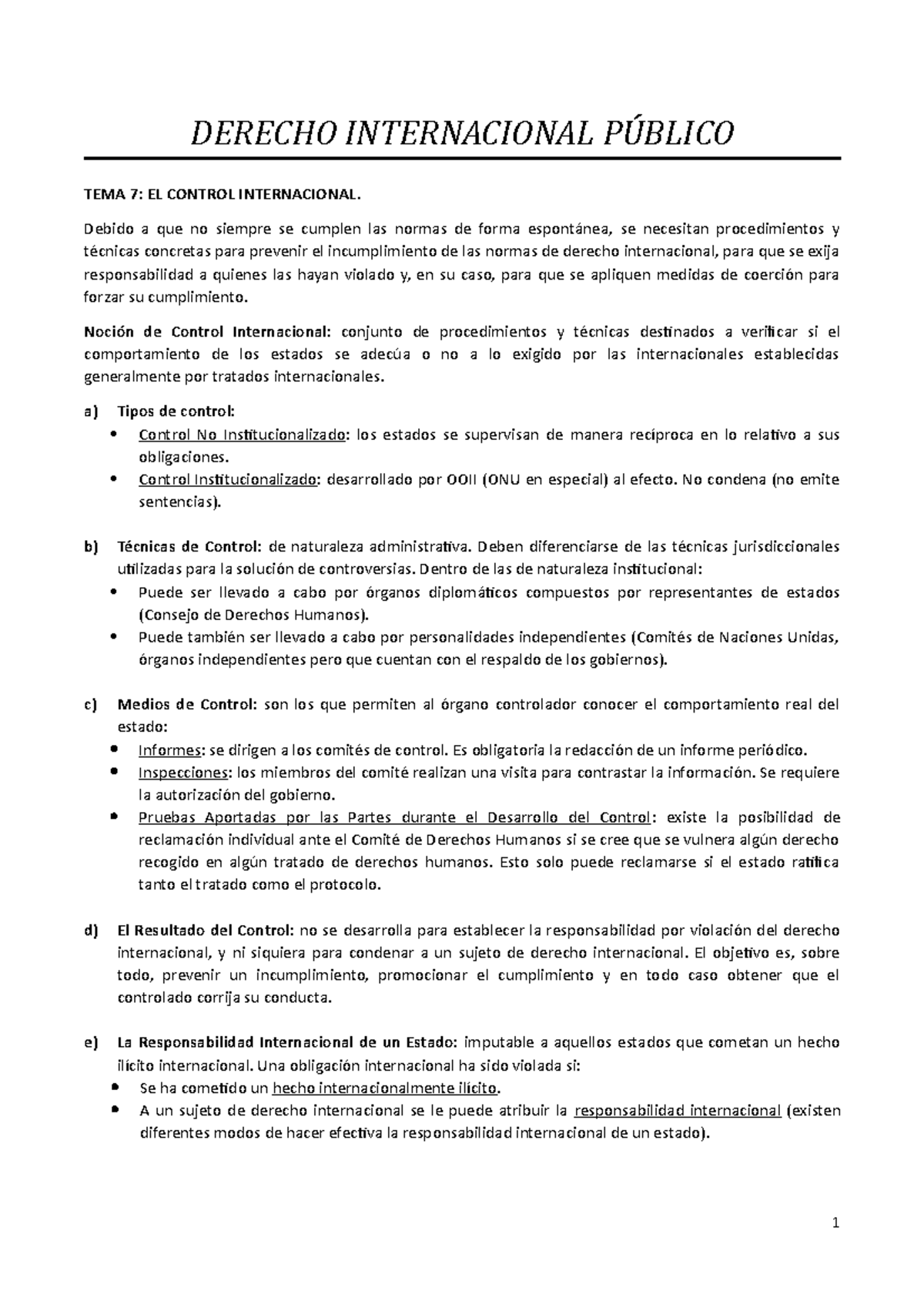 Tema 7 Dcho Int Público - DERECHO INTERNACIONAL PÚBLICO TEMA 7: EL CONTROL INTERNACIONAL. Debido ...