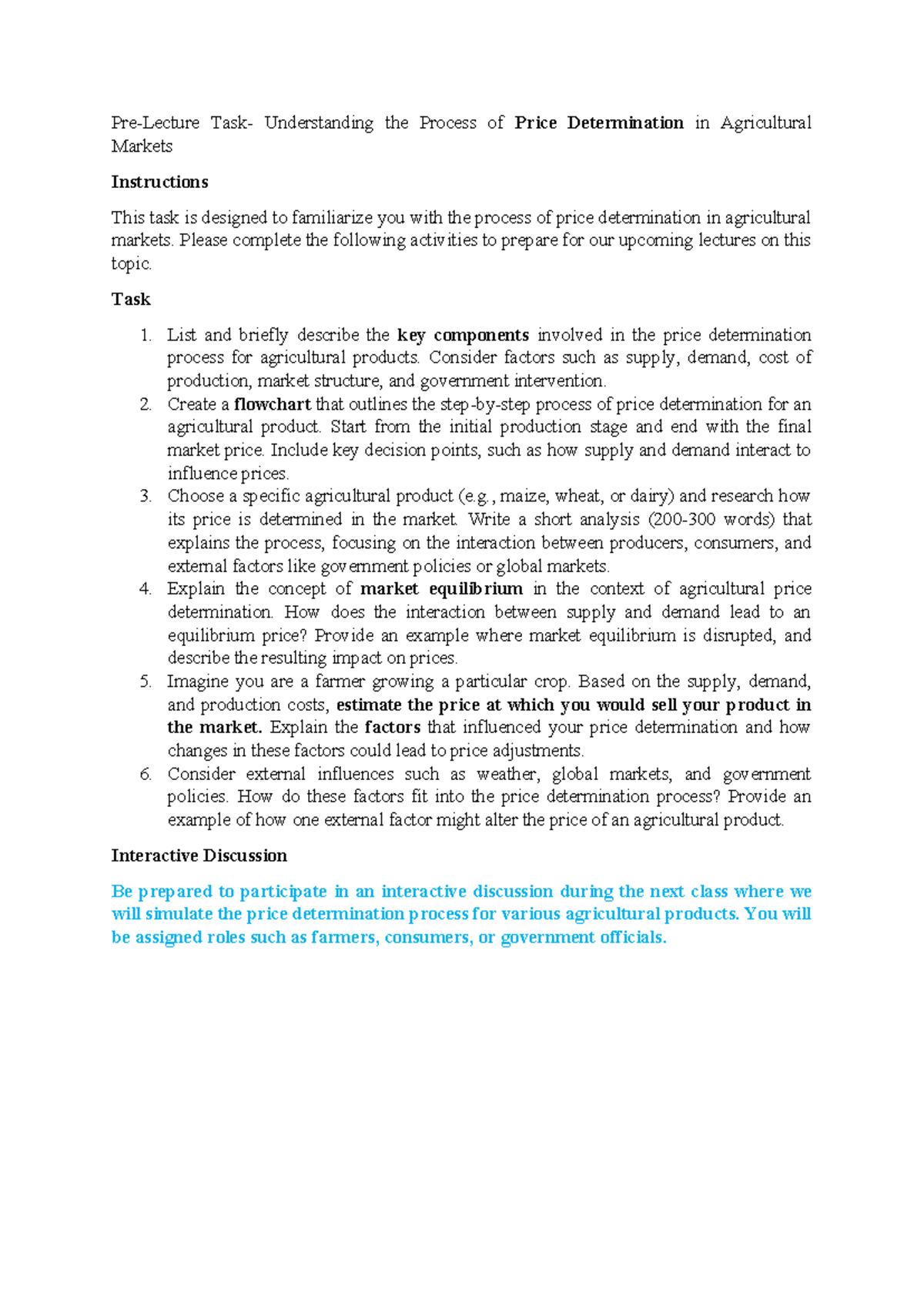 Pre-Lecture Task on Price determination - Pre-Lecture Task- Understanding the Process of Price ...