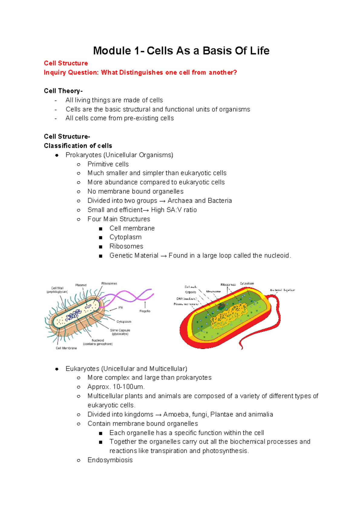 Bio notes 2 - Module 1- Cells As a Basis Of Life Cell Structure Inquiry ...