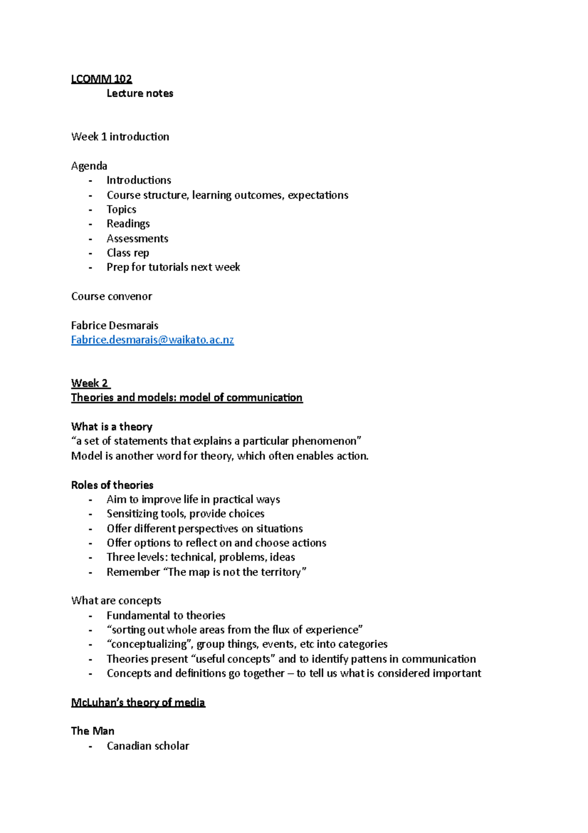 Lcomm 102 - notes - LCOMM 102 Lecture notes Week 1 introduction Agenda ...