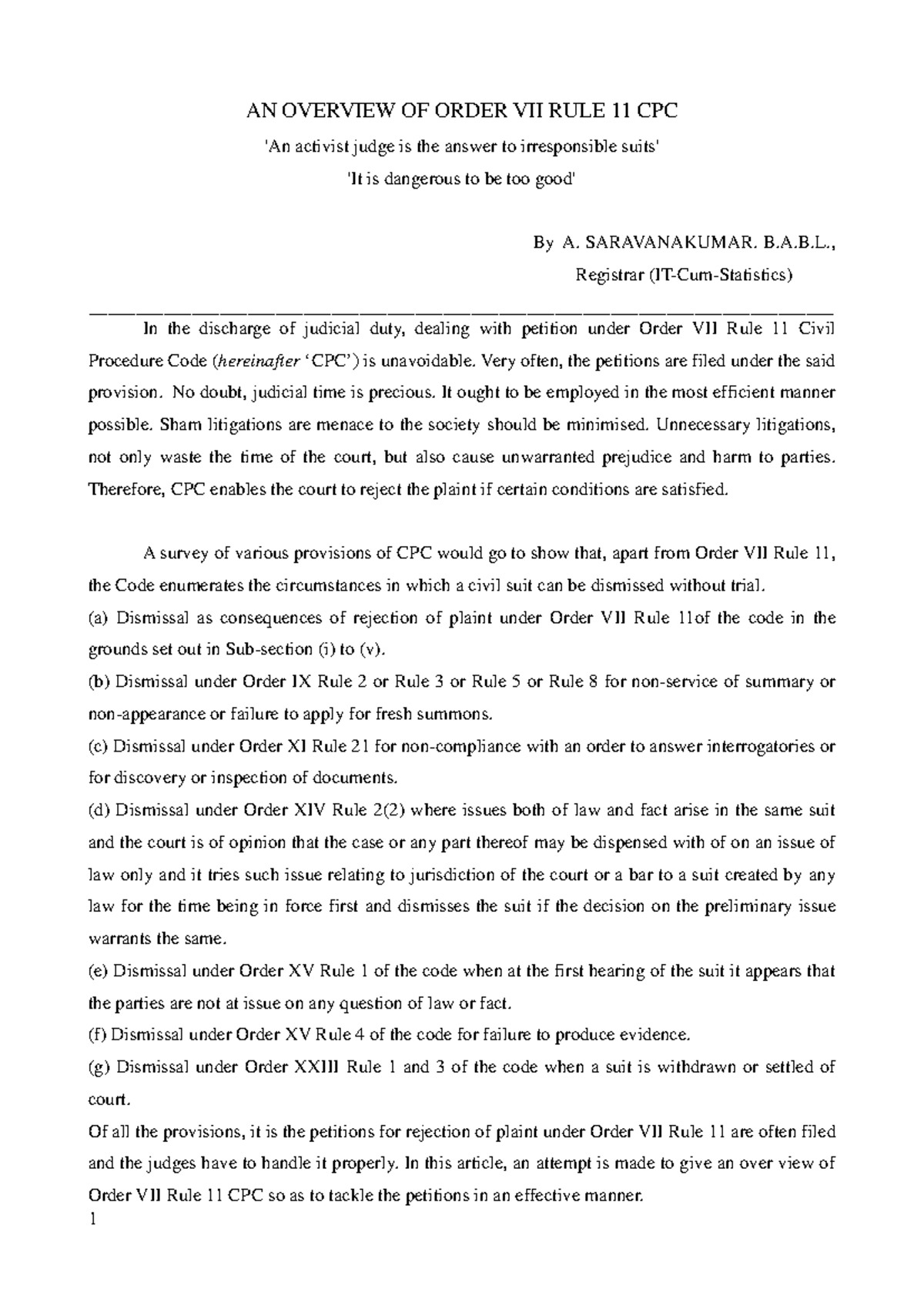 Order vii rule11 - AN OVERVIEW OF ORDER VII RULE 11 CPC 'An activist ...