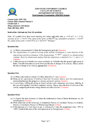 PHY 111 Exam 2016 - Physics - EDO UNIVERSITY, IYAMHO, EDO STATE FACULTY OF SCIENCES DEPARTMENT ...