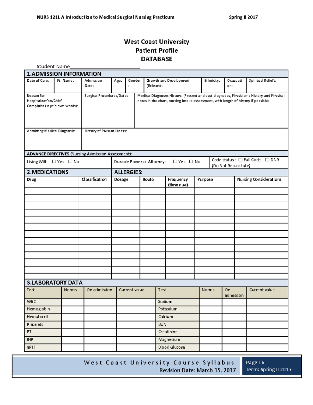 Patient Database Profile Template - West Coast University Patent ...