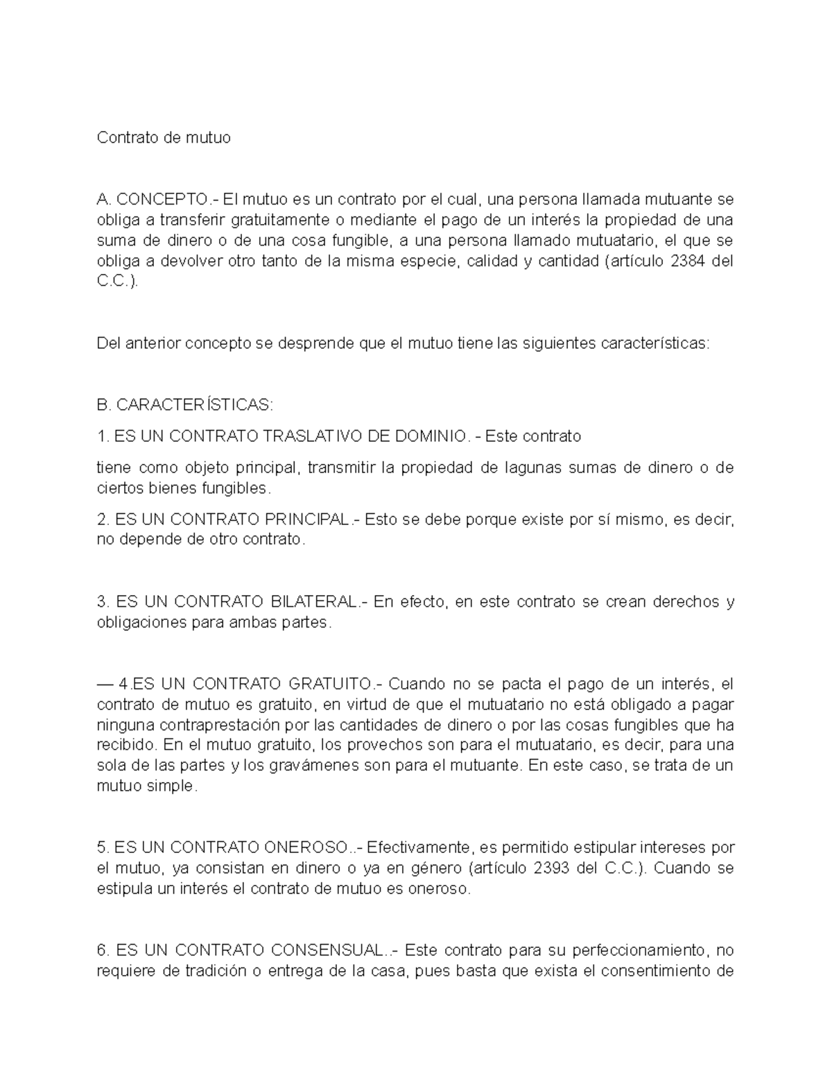 Contrato de mutuo - CONCEPTO.- El mutuo es un contrato por el cual, una ...