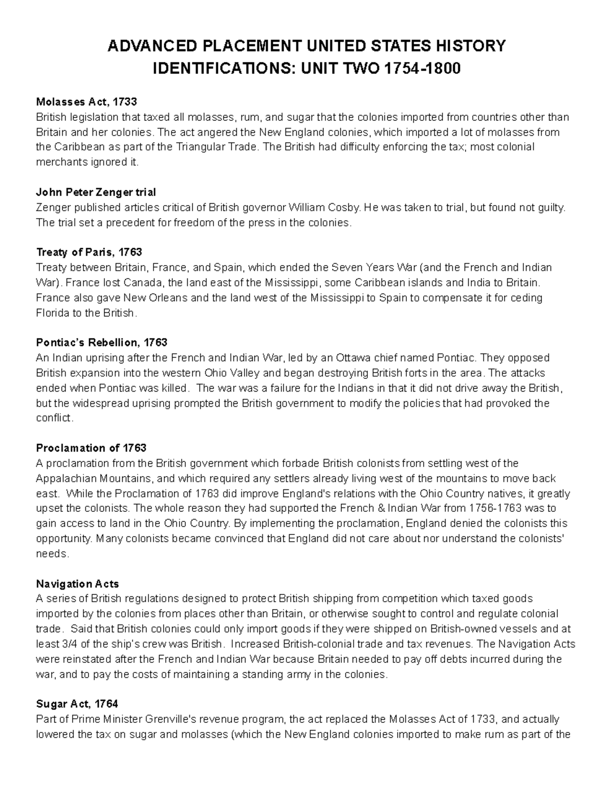 Unit Two IDs - notes from unit 2 - ADVANCED PLACEMENT UNITED STATES ...