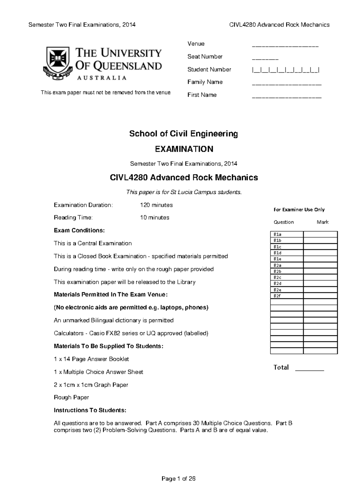 Semester Two Final Examinations 2014 CIVL4280 - This exam paper must ...