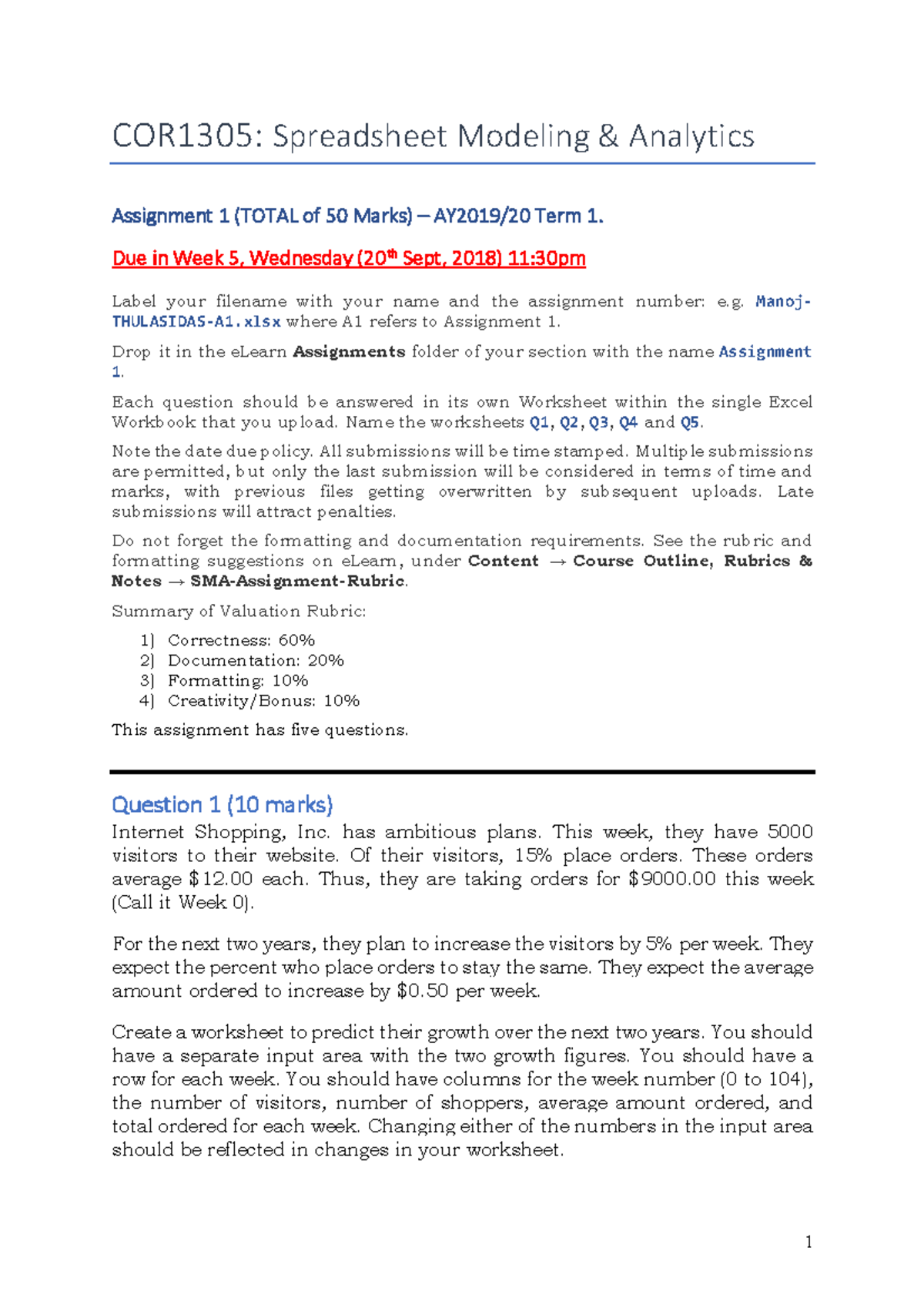 Assignment 1 - practice materials for IS102 Stuff, read - COR1305: Spreadsheet Modeling & - Studocu