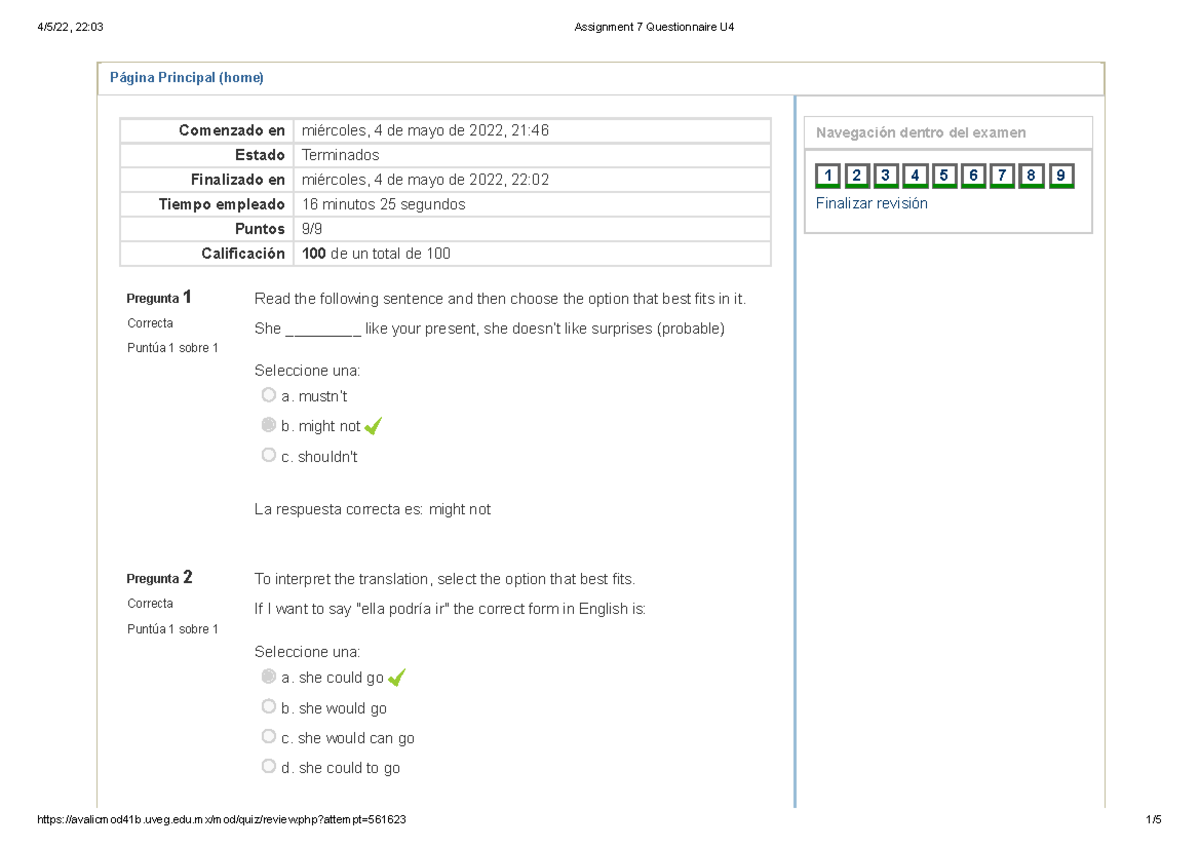 Assignment 7 Questionnaire U4 - Página Principal (home) Pregunta 1 ...