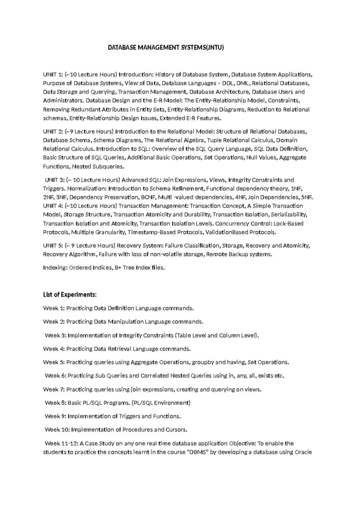 Database Management Systems - DATABASE MANAGEMENT SYSTEMS(JNTU) UNIT 1: (~10 Lecture Hours ...