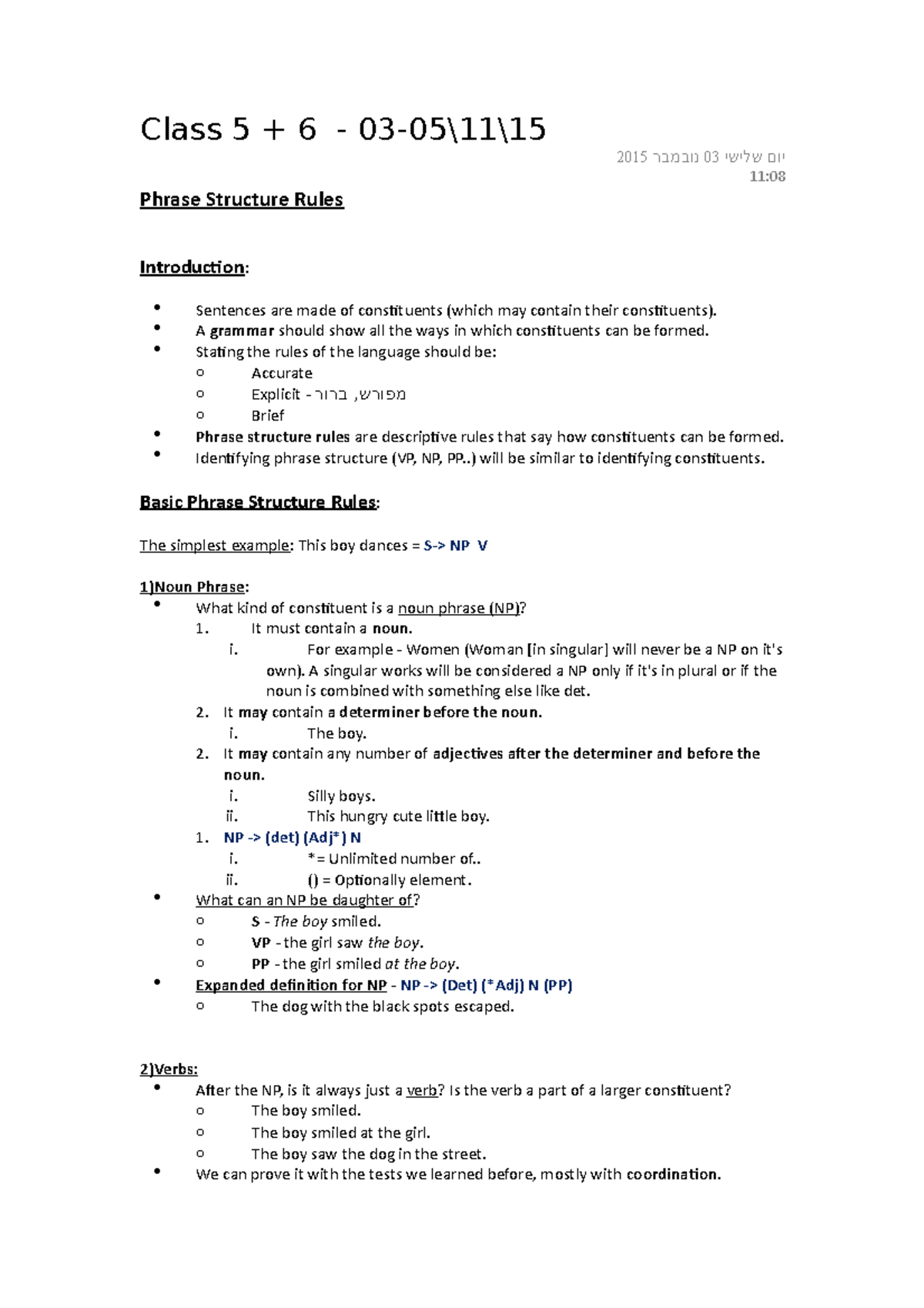 Class 6 - Lecture notes 6 - Class 5 + 6 - 03-05\11\15 Phrase Structure ...