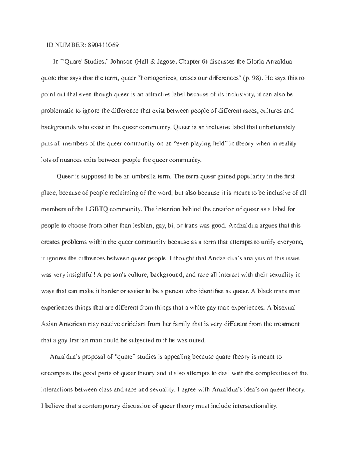 Quare - Grade: A - ID NUMBER: 890411069 In "'Quare' Studies," Johnson ...