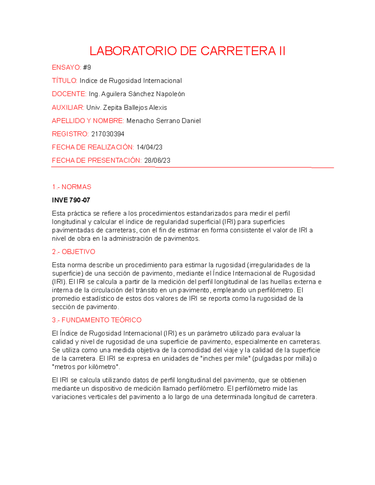 LAB#9 - adadadadada - LABORATORIO DE CARRETERA II ENSAYO: TÍTULO ...