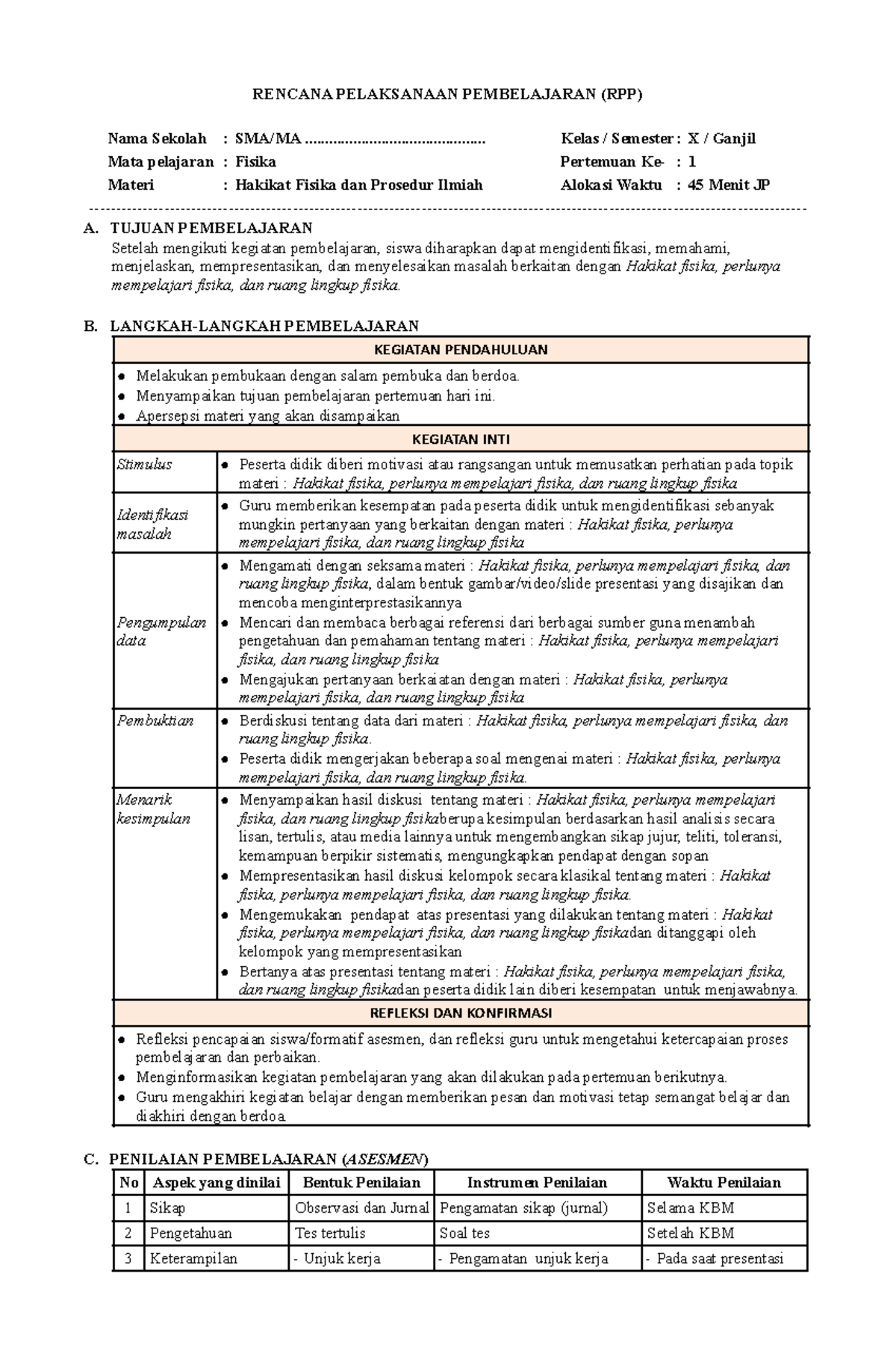 RPP 1 - Hakikat Fisika dan Prosedur Ilmiah - RENCANA PELAKSANAAN ...
