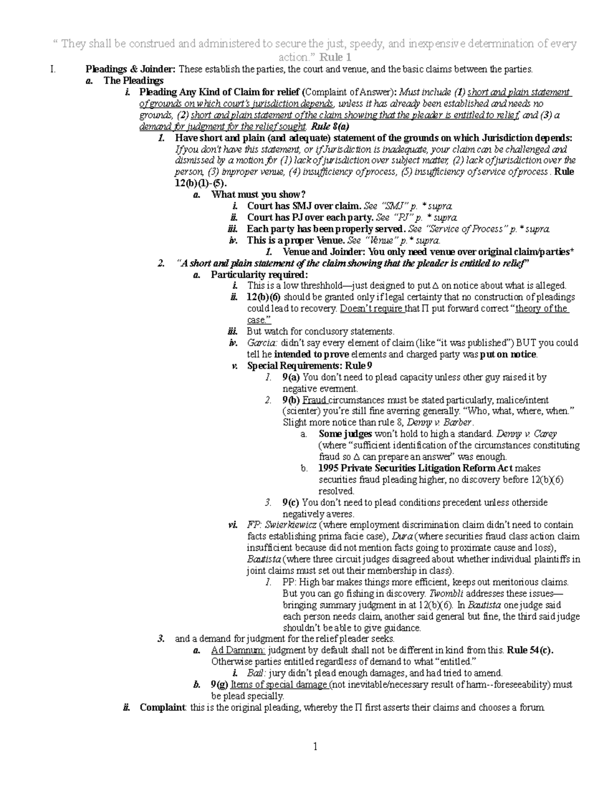 Civ Pro Outline I - action.” Rule 1 I. Pleadings & Joinder: These ...