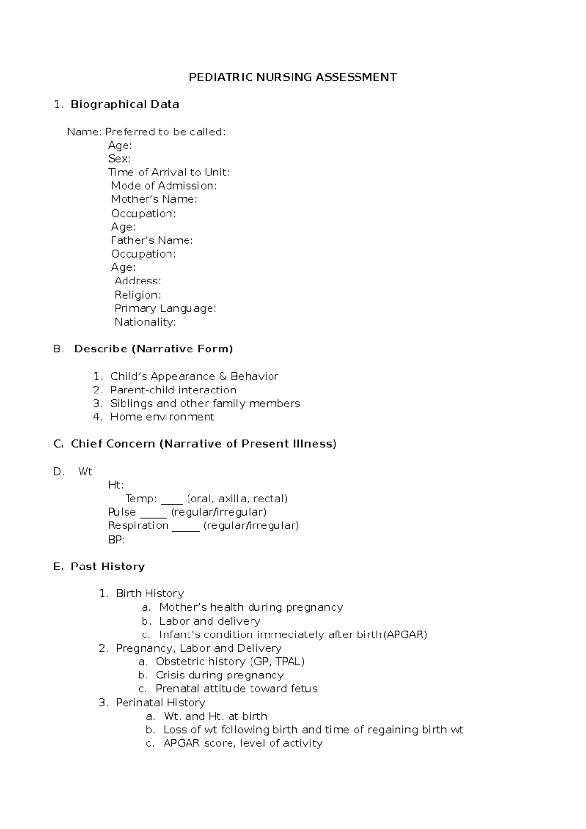 Pediatric- Nursing- Assessment Guide - PEDIATRIC NURSING ASSESSMENT ...