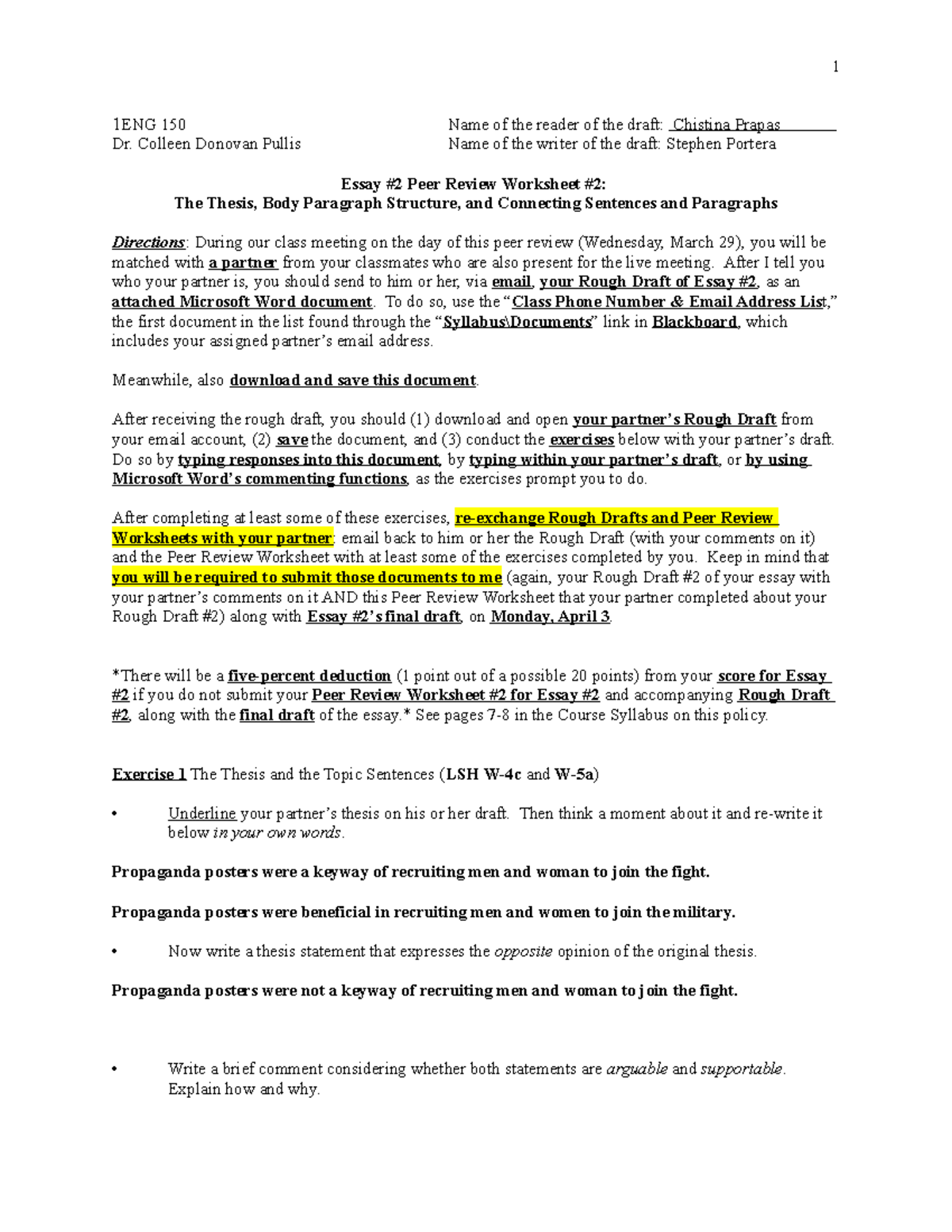 Peer Review Worksheet Essay 2 Draft 2 Portera - 1 ENG 150 Name of the ...