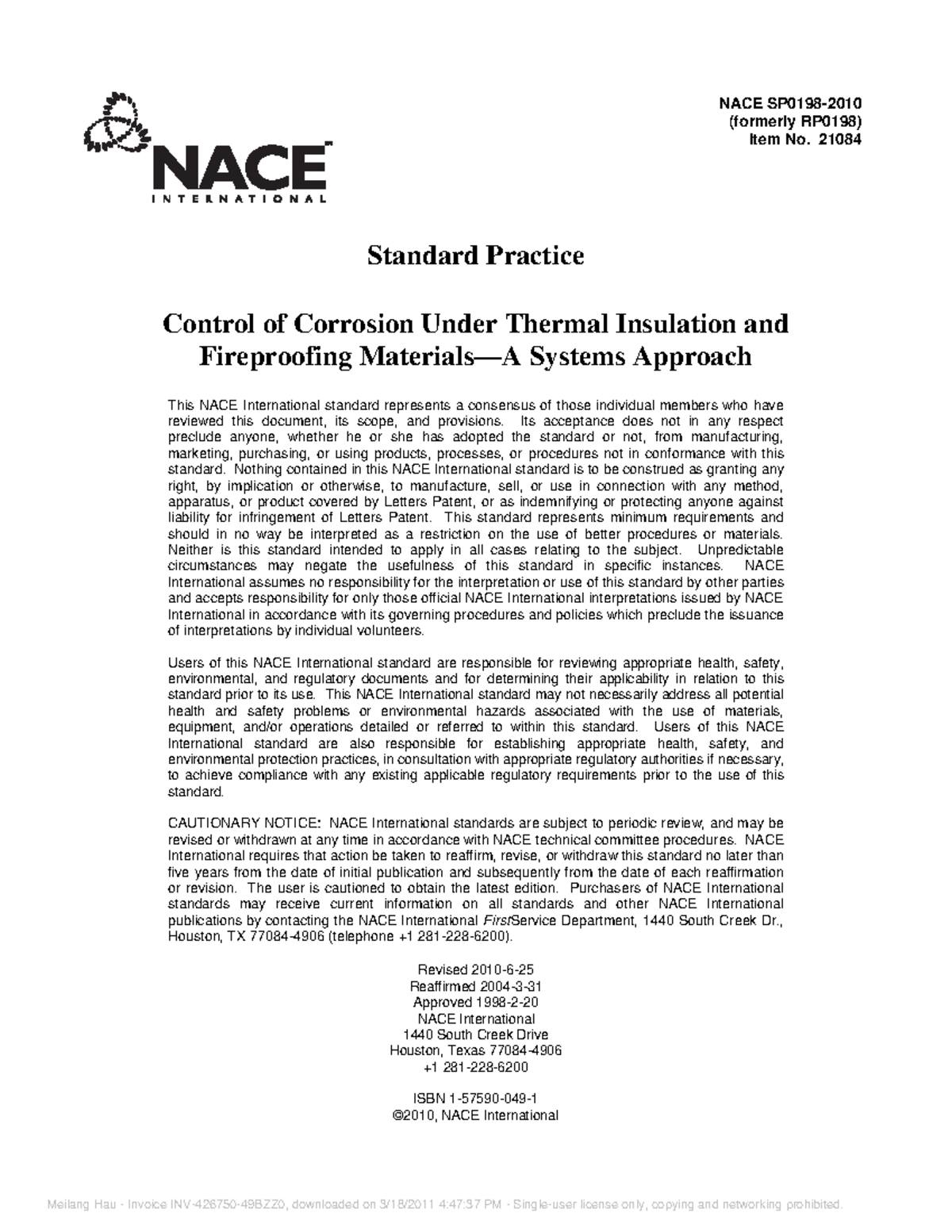 NACE SP 0198 2010 - Corrosion Under Insulation - NACE (formerly RP0198 ...