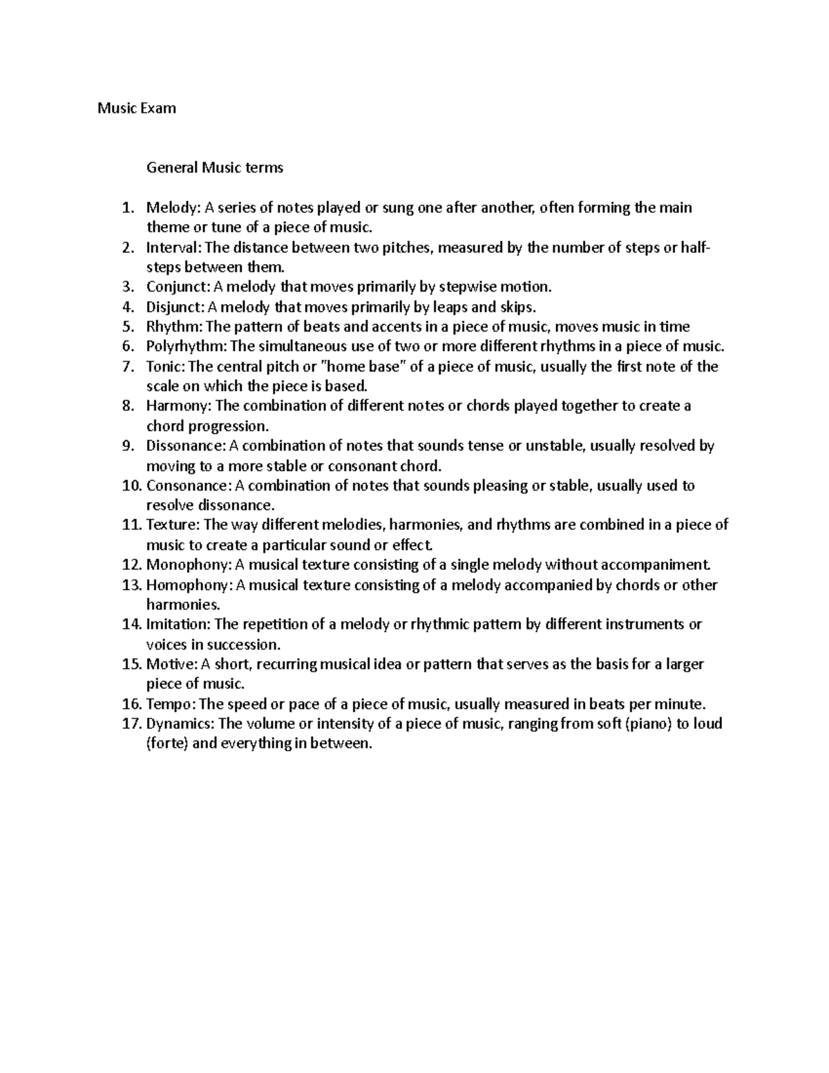 Music Study Guide - Music Exam General Music terms Melody: A series of ...