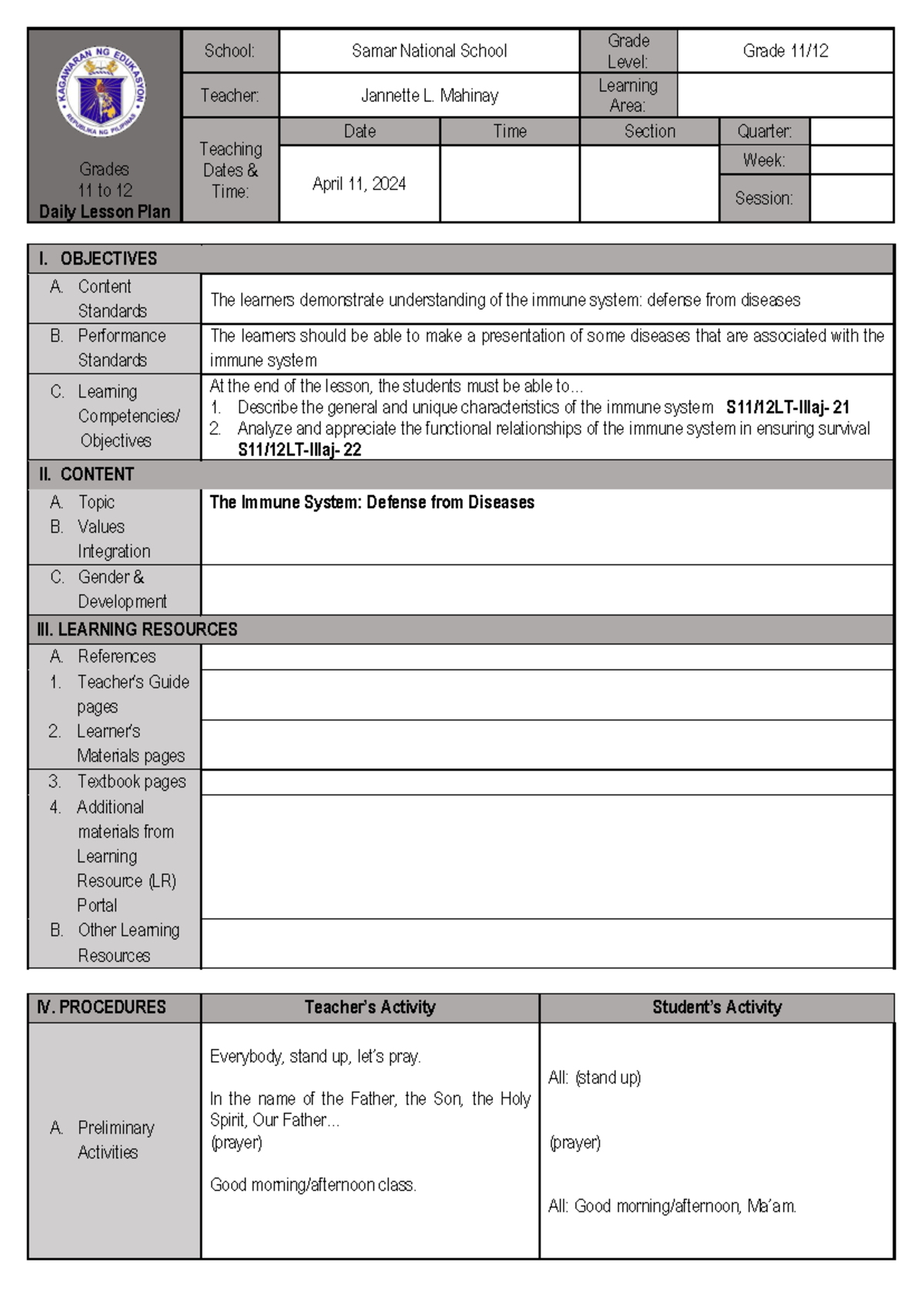LP for Demo sample - Grades 11 to 12 Daily Lesson Plan School: Samar ...