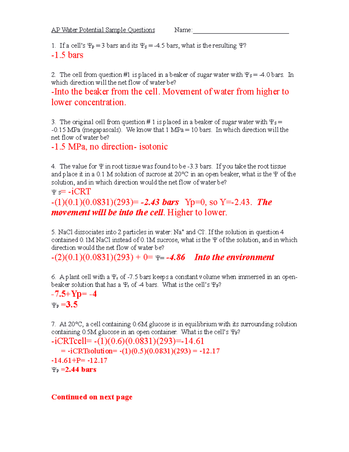 Practice problems - water potential - ak - AP Water Potential Sample ...