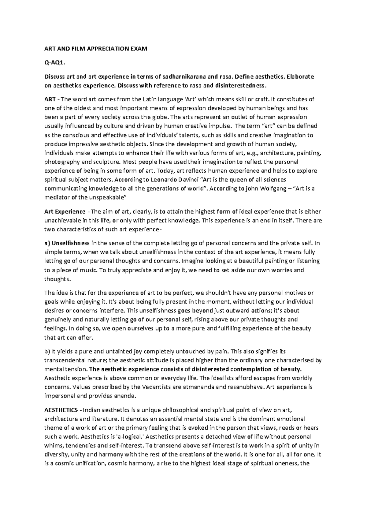 ART AND FILM Appreciation EXAM - ART AND FILM APPRECIATION EXAM Q-AQ1 ...