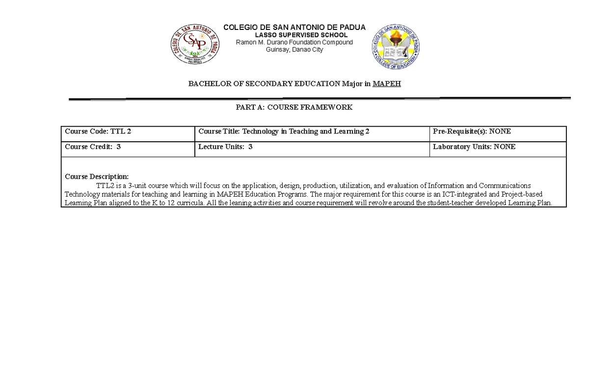 TTL 2 Technology for Teaching and Learning 2 - COLEGIO DE SAN ANTONIO ...