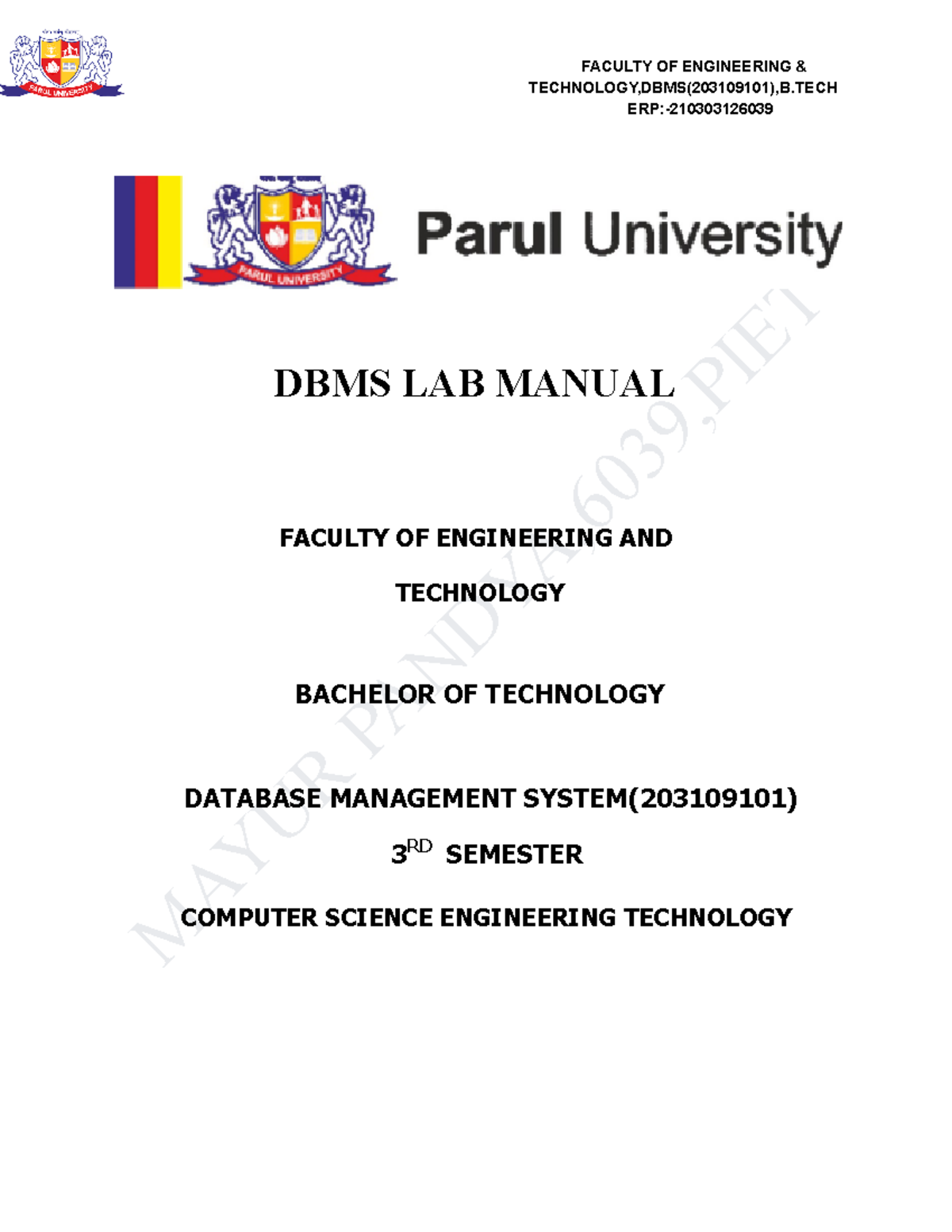 Mayur DBMS - MAYUR PANDYA,6039,PIET TECHNOLOGY,DBMS(203109101),B ERP:- DBMS LAB MANUAL FACULTY ...