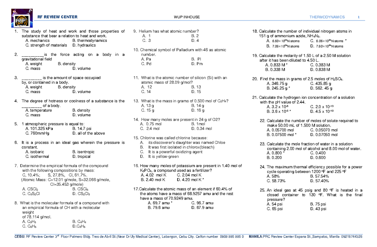 Thermodynamics PRactice PRoblem - RF REVIEW CENTER WUP INHOUSE ...