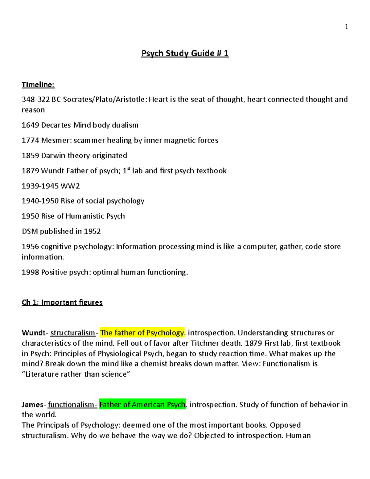 Psych Study Guide 1 - Notes - Psych Study Guide # 1 Timeline: 348-322 ...