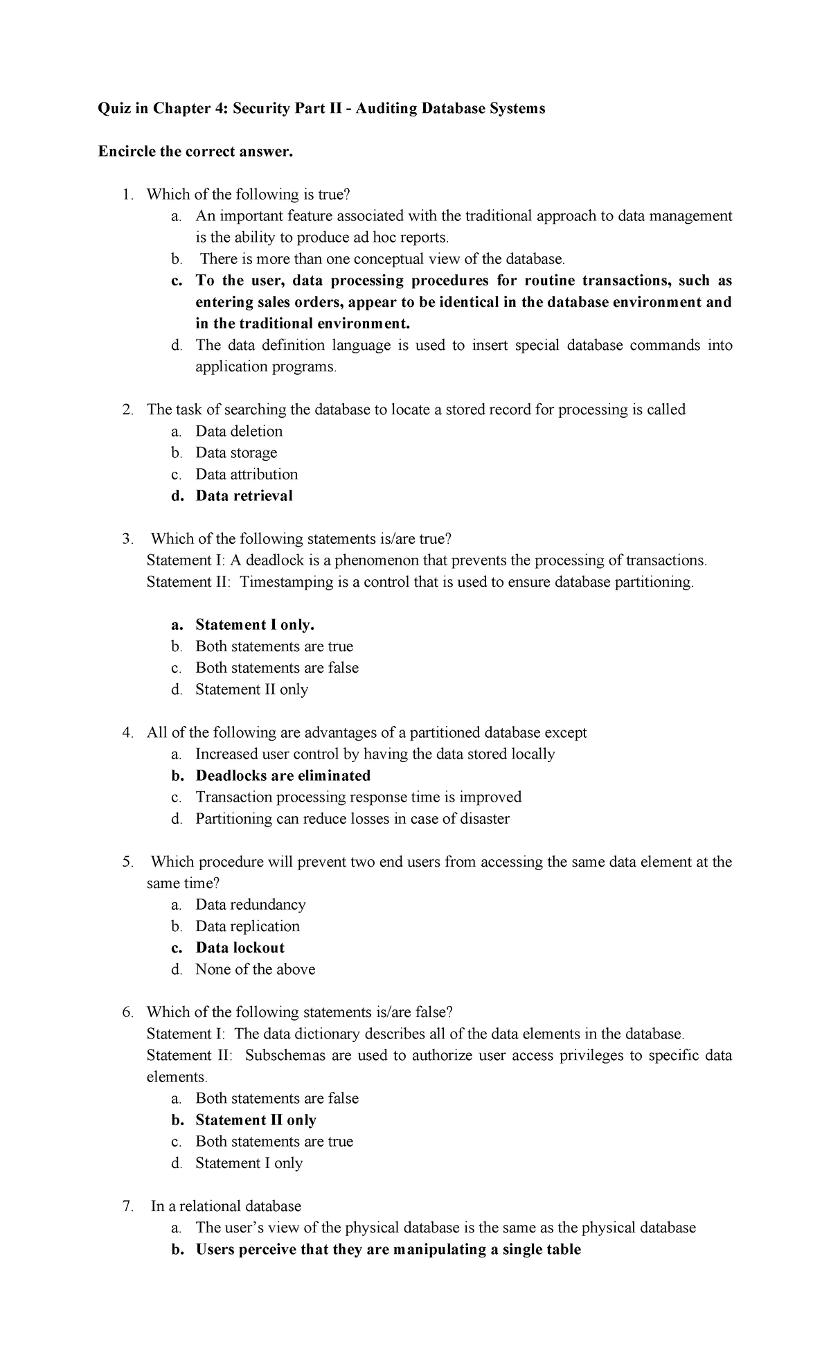 Ch4-Quiz - Auditing in CIS - Quiz in Chapter 4: Security Part II - Auditing Database Systems ...