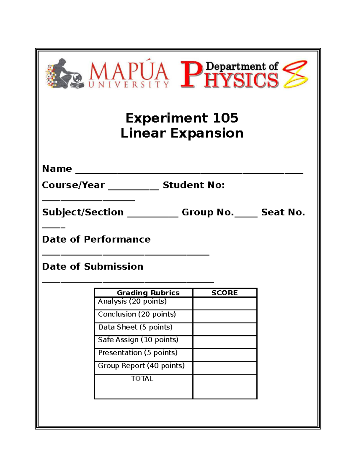 Experiment 105 Linear Expansion - Experiment 105 Linear Expansion Name ...