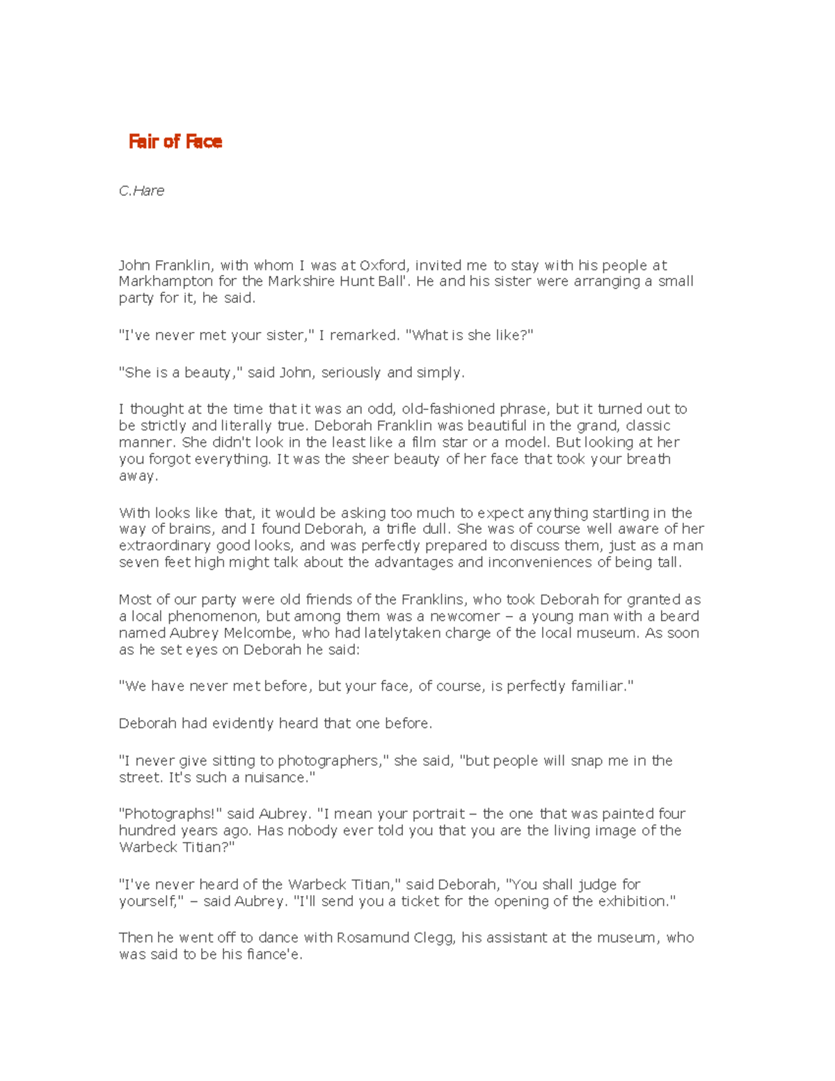 Fair of Face - Fair of Face - Literature and Languages - Studocu