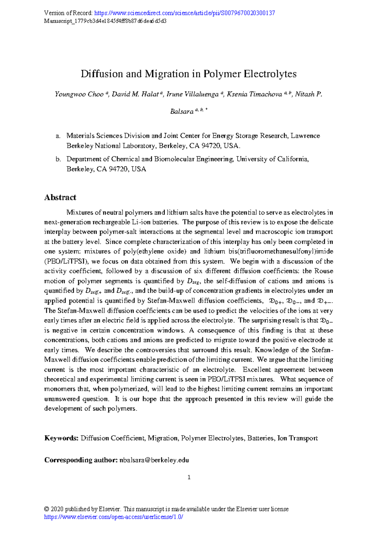 1-s2 - 1 Diffusion and Migration in Polymer Electrolytes Youngwoo Choo ...