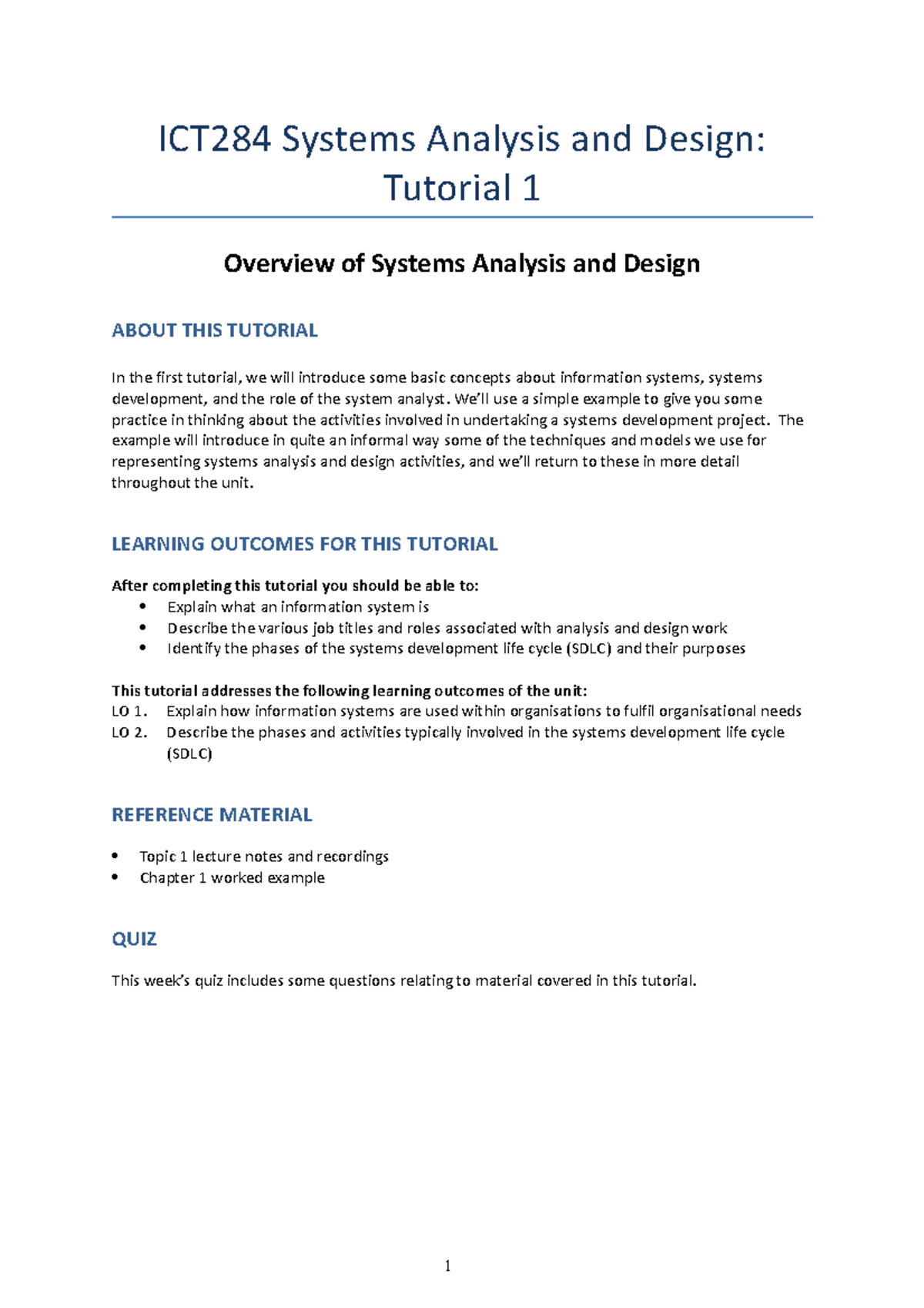 Tutorial 1 - Overview of SAD - ICT284 Systems Analysis and Design: Tutorial 1 Overview of ...