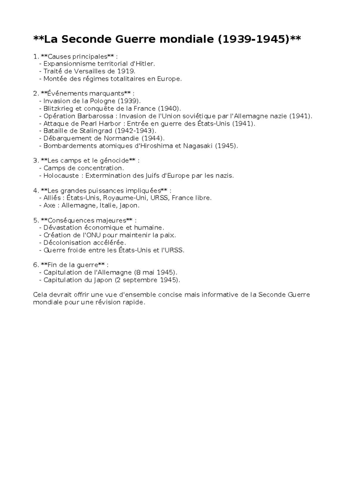 Fiche de révision Seconde Guerre mondiale - La Seconde Guerre mondiale ...