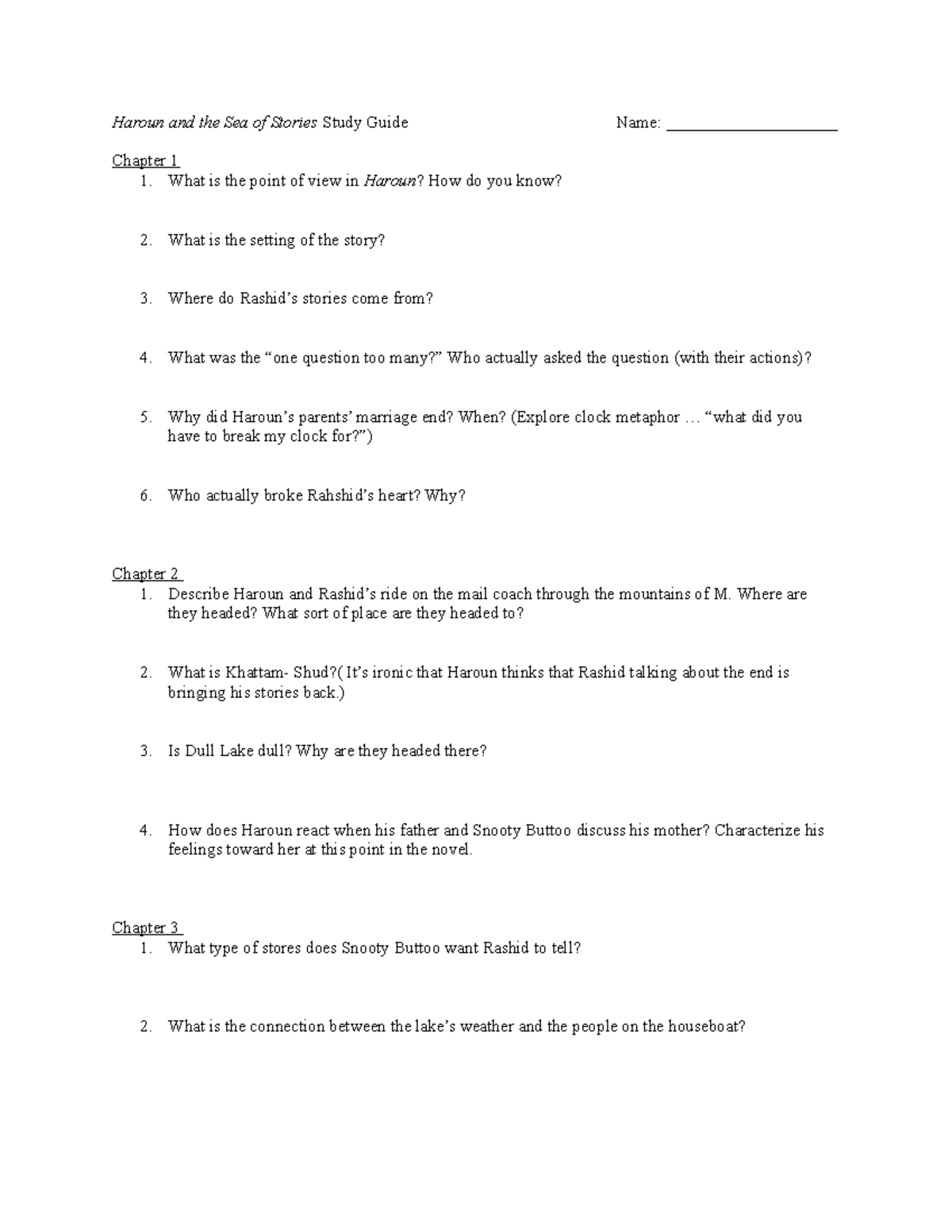 Study guide - hehehe - Haroun and the Sea of Stories Study Guide Name