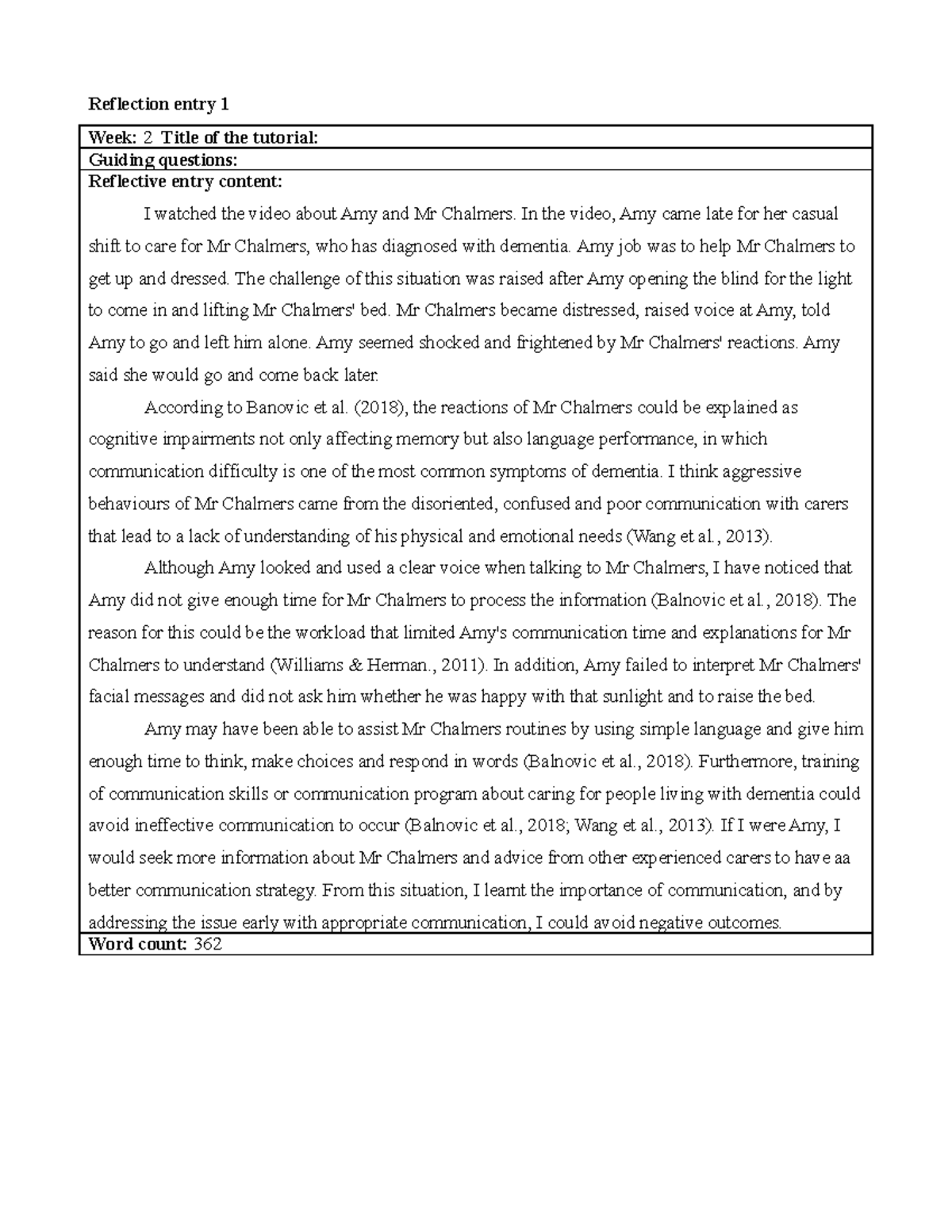 Reflection example - Reflection entry 1 Week: 2 Title of the tutorial ...