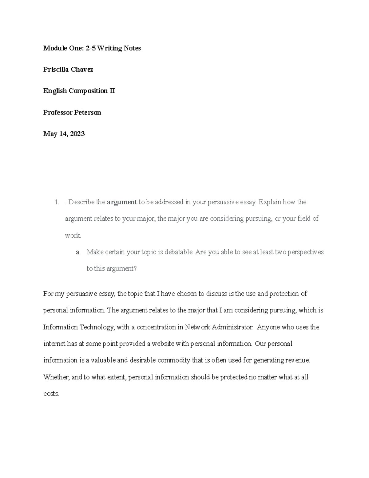 Writing Notes assignment - Module One: 2-5 Writing Notes Priscilla ...