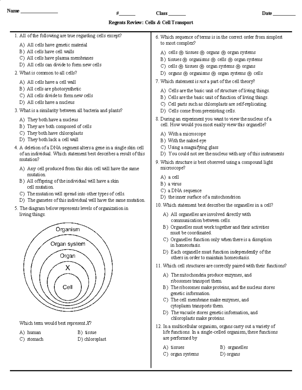 Cells transport regents - Name # Class Date Regents Review: Cells ...