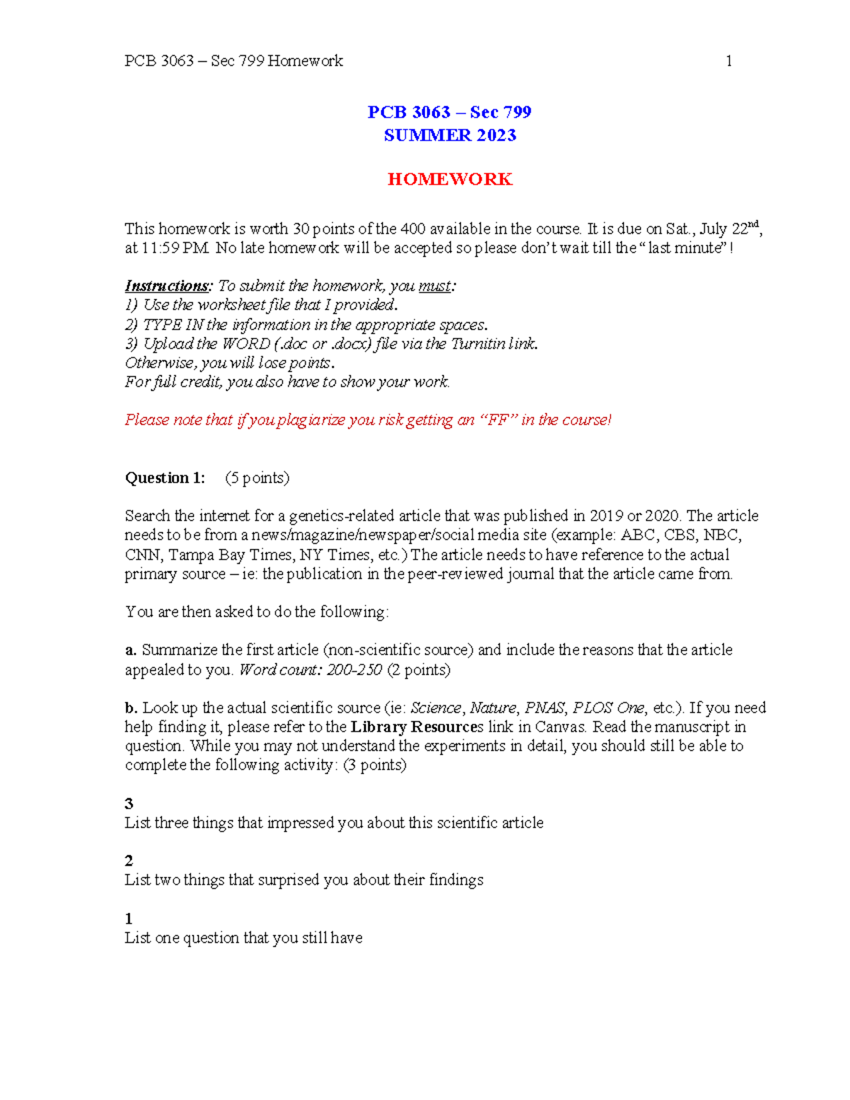Homework Question Sheet - PCB 3063 – Sec 799 SUMMER 2023 HOMEWORK This ...