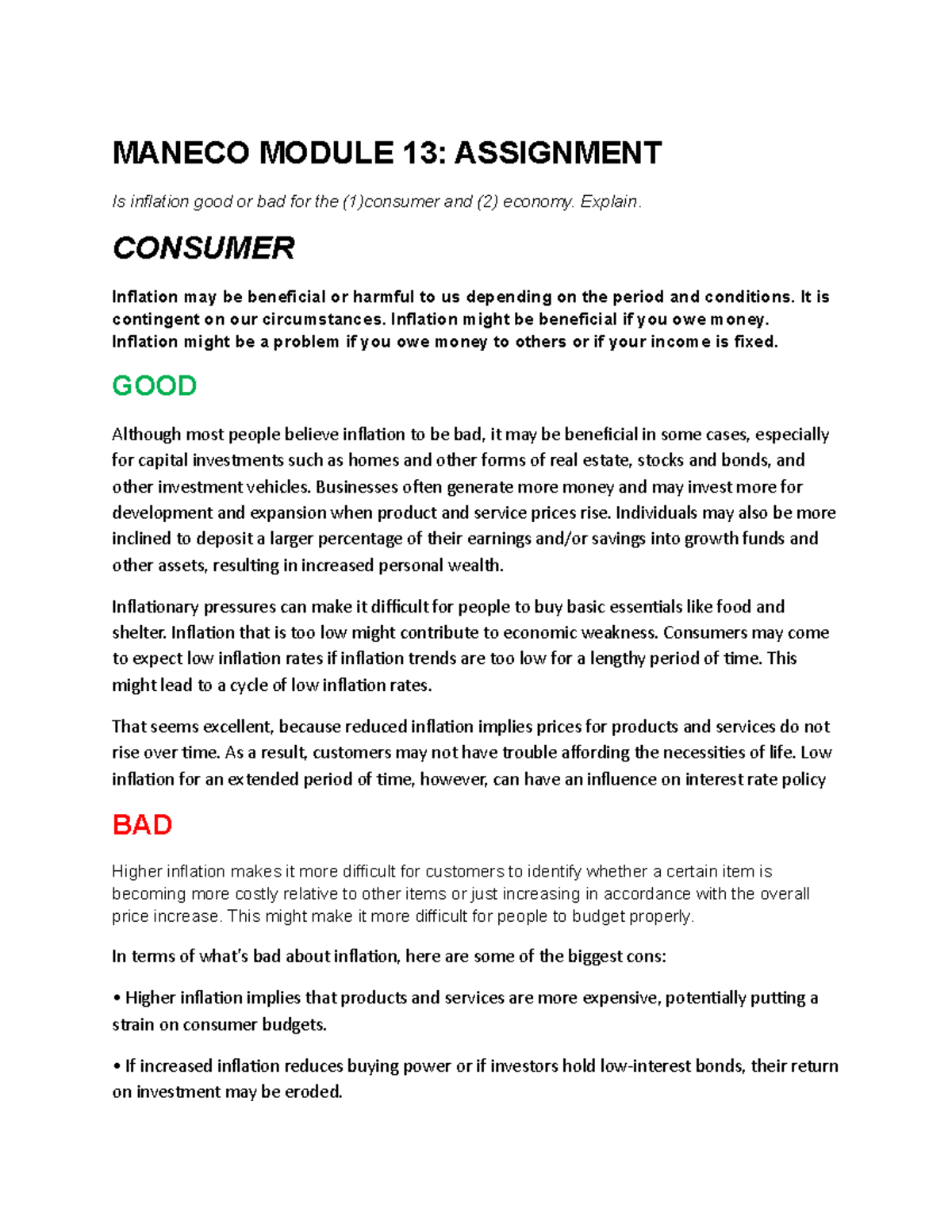 Module 13 Maneco ASS - MANECO MODULE 13: ASSIGNMENT Is inflation good ...