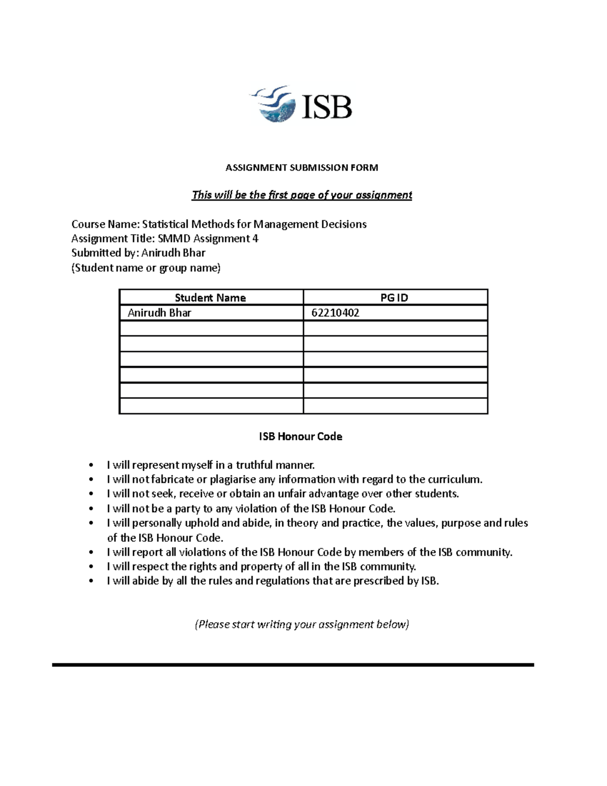 SMMD Assignment 4 - No idea - ASSIGNMENT SUBMISSION FORM This will be the first page of your ...