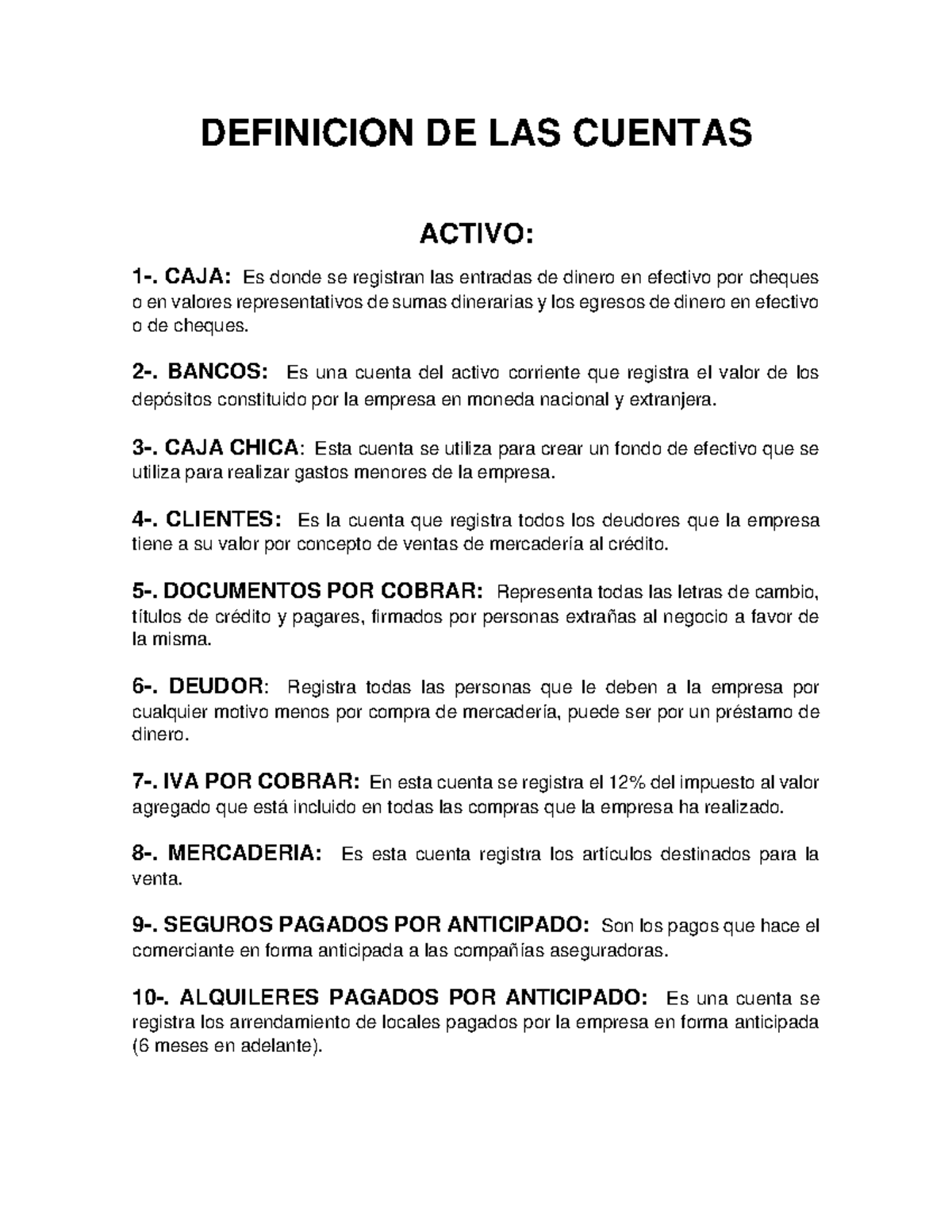 Definicion de las cuentas Activo y pasivo - DEFINICION DE LAS CUENTAS ...